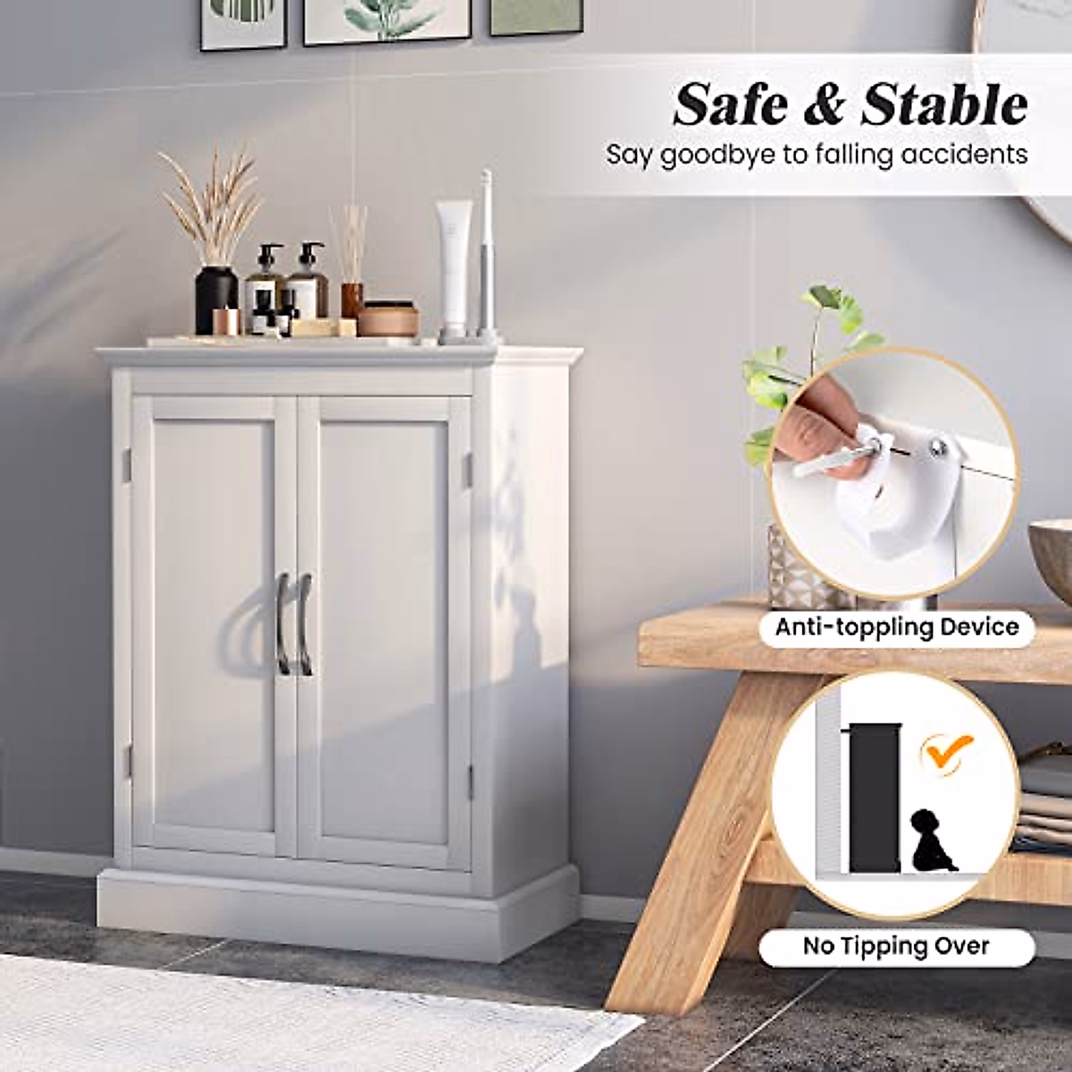 Tangkula Bathroom Storage Cabinet, Freestanding Floor Cabinet with Double Doors and 2 Adjustable Shelves, Anti-toppling Device, Modern Wood Storage for Bathroom Living Room Entryway (White)