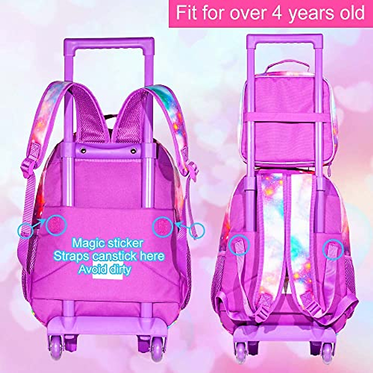 TXHVO 3PCS Rolling Backpack for Girls,Kids Unicorn Bookbag with Roller Wheels, Sequin Suitcase School Bag Set for Elementary Toddler