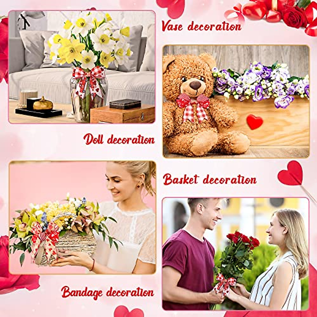 6 Rolls 30 Yards Valentine's Day Ribbons 2.5 Inches Hearts Love Red Wired Edge Ribbon Plaid Truck Burlap Ribbons Gift Wrapping Ribbon Fabric Ribbon for DIY Craft Wedding Party Wreath Bows Decoration