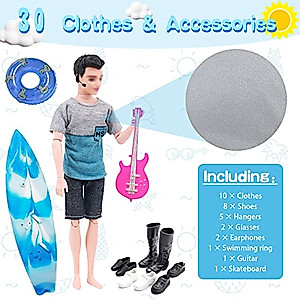 33 PCS Doll Clothes and Accessories for Ken Doll Including 5 Tops 5 Pants Casual Wear in Random 4 Pair of Shoes Hangers Glasses Earphone Guitar Surfboard Swimming Ring for 12 Inch Boy Doll