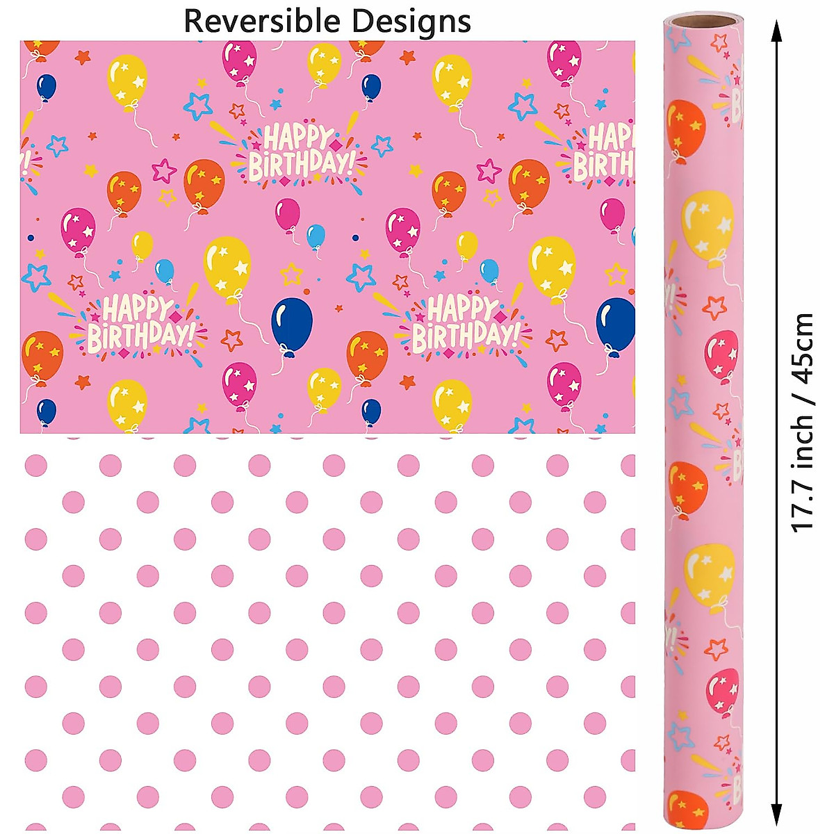 AUCLAY Reversible Birthday Wrapping Paper for Girls Kids Baby Shower - Cute Happy Birthday Lettering Balloon in Pink and Polka Dots Design - Gift Wrap Paper Roll, 17.7 Inch Wide