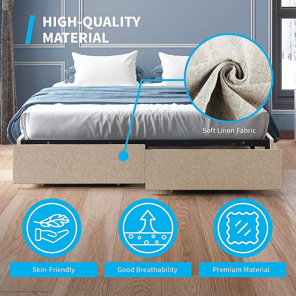 Mjkone California King Size Bed Frame with Storage Drawers, Linen Fabric Platform Bed Frame, Wood Slat Support Bed Frame, No Box Spring Needed/No Headboard/Easy Assembly/Noiseless - Beige