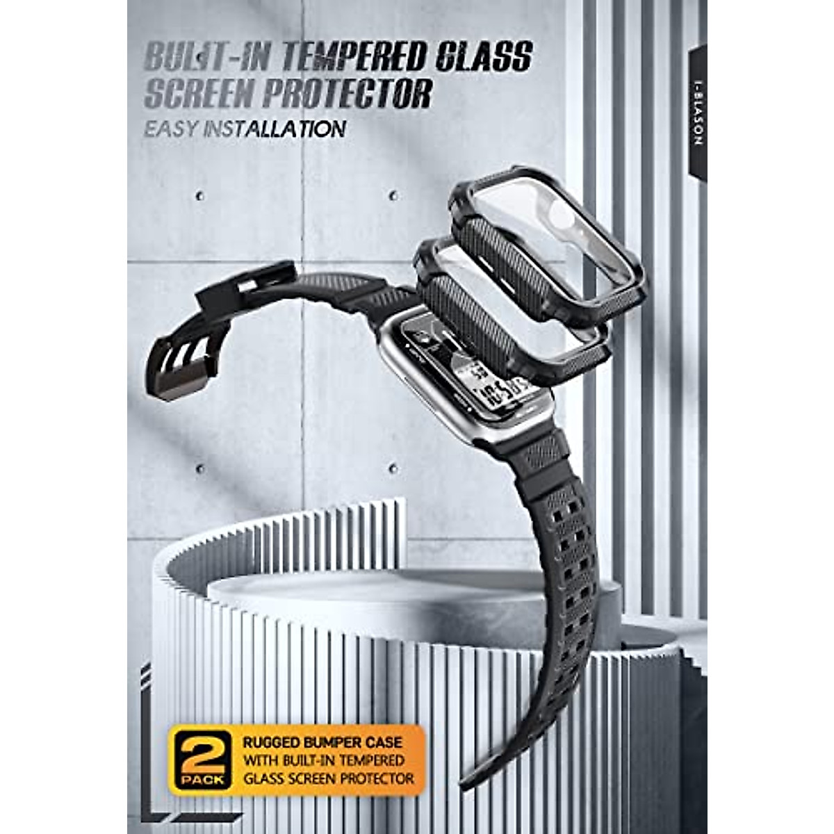 i-Blason Armorbox Compatible with Apple Watch Band [45mm] for Apple Watch Series 9/8/7, Rugged TPU Watch Band with 2-Pack Bumper Cases [Built-in Tempered Glass Screen Protector] (Black, 45mm)