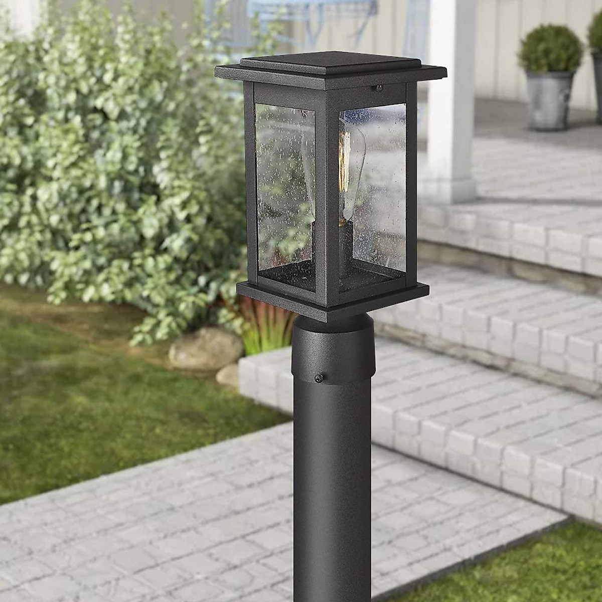 Emliviar Outdoor Post Light Fixtures, 1-Light Pillar Light in Black Finish with Seeded Glass, 1803EW1-P