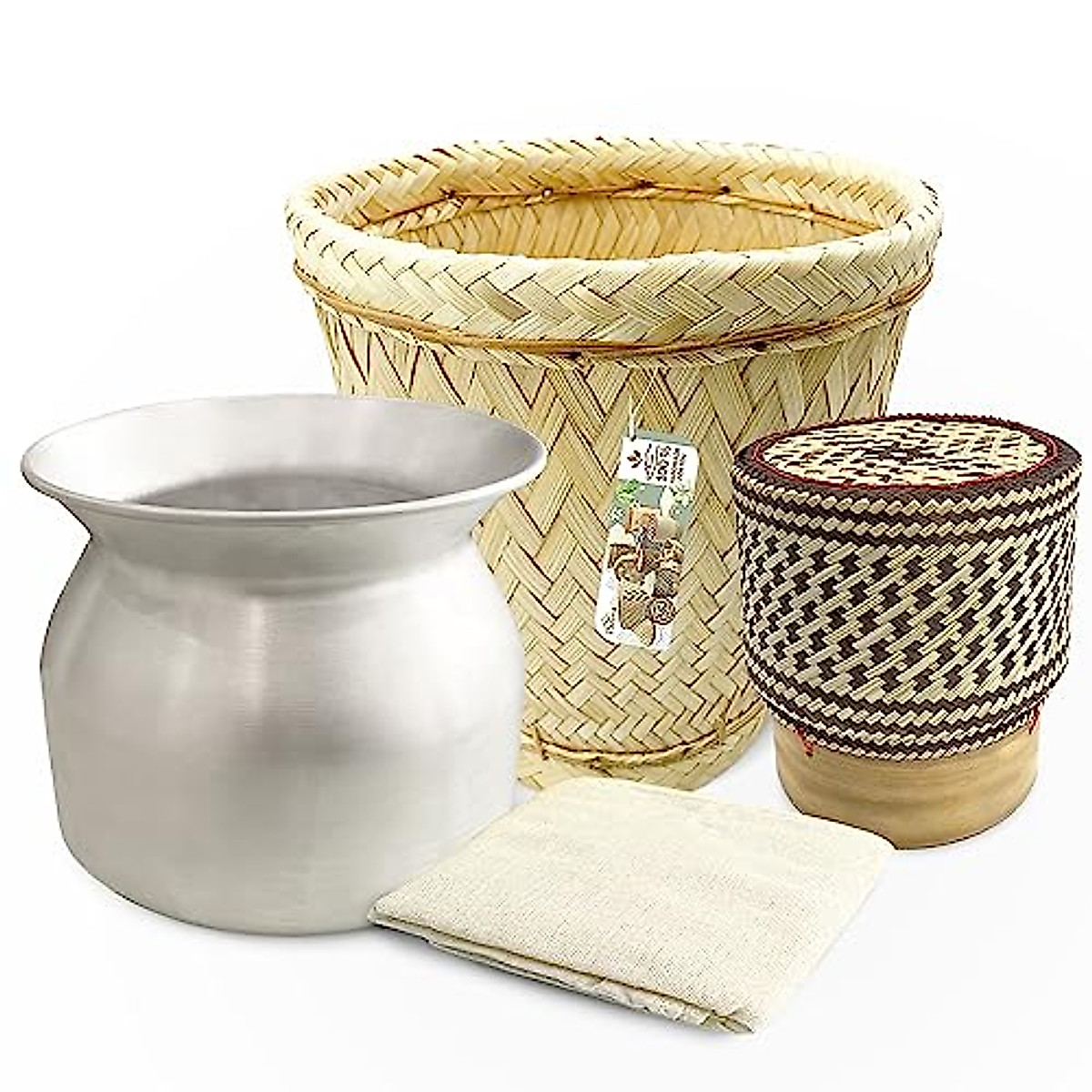 PANWA Combo Sticky Rice Cooking Set Aluminum Cook Pot Diameter 8 1/2" (22 cm) Thai Bamboo“Village Vintage” Steamer Basket 9 Inch Diameter with 24’’ Cheesecloth, and Kratip Container Chocolate Toned