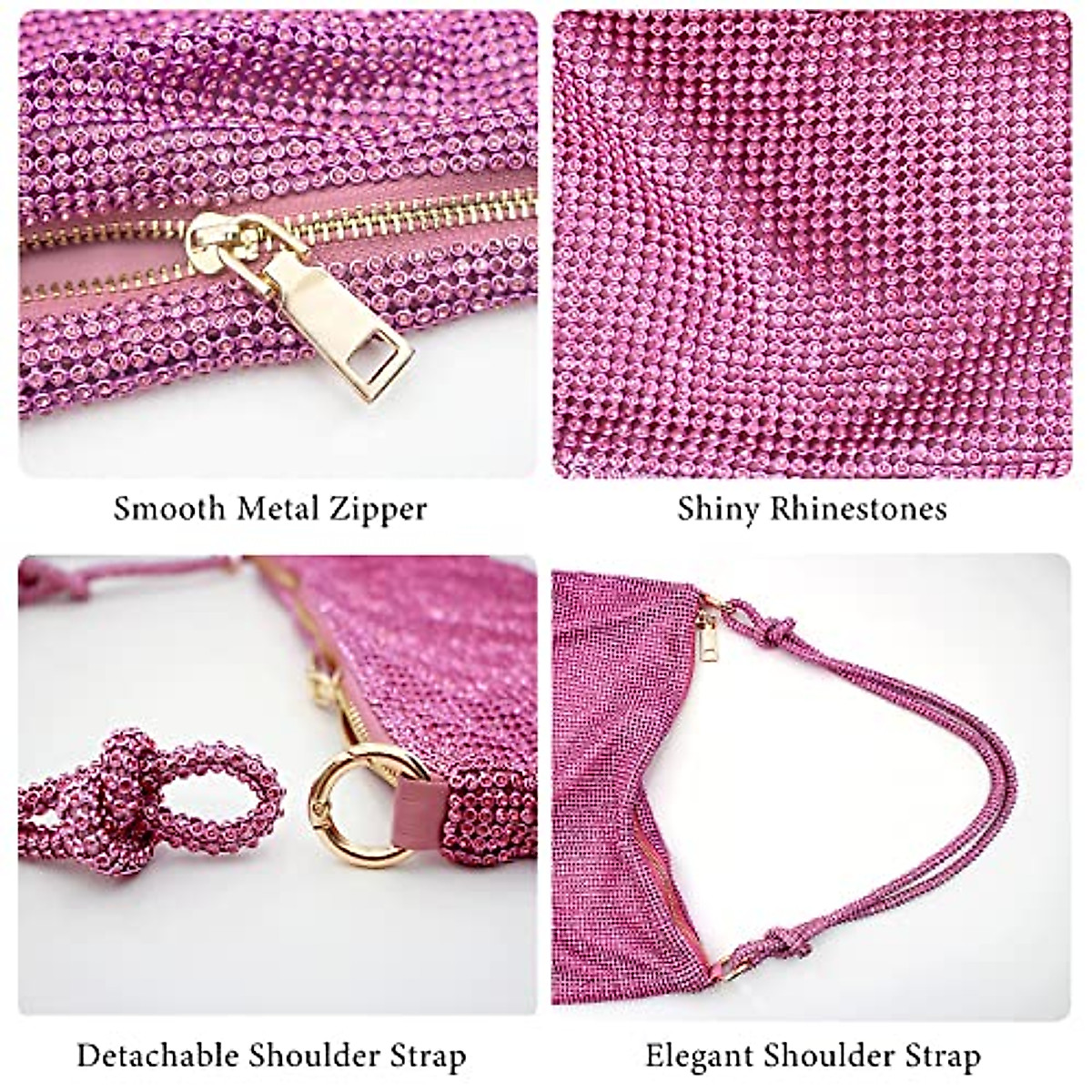 Rhinestone Purse Silver Hobo Purse Sparkly Black Evening Bag for Women Prom Party Wedding-Pink