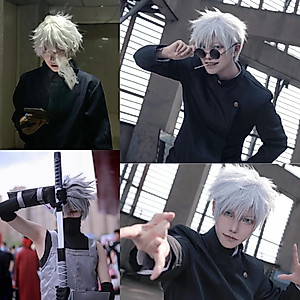 ANOGOL Hair Cap+ Short White Wig for Men Silver White Men's Cosplay Wig Short Silver Mixed White Anime Wigs with Bangs Ivory Hair Straight Fluffy Silvery Halloween Wigs Christmas Party Costume