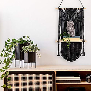 KALTEK Black Macrame Shelf with Flower Design | Boho Style with Floating Wood Shelf | Beautiful Handmade Black Macrame Shelf for Hanging Plants and Decor | Boho Wall Decor with Macrame Rope Shelving