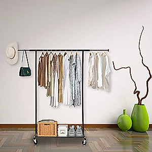 Fishat Freestanding Heavy Duty Metal Clothing Garment Rack Hanging Clothes on Lockable Wheels Mobile for Coats Dresses, Dorm Bedroom Home Balcony, Rolling Organizer Simple Standard Rod Portable, Black