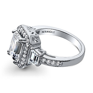 BERRICLE Sterling Silver Halo Wedding Engagement Rings Emerald Cut Cubic Zirconia CZ Statement Ring for Women, Rhodium Plated Size 7