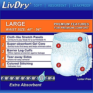 LivDry Adult Incontinence Underwear, Extra Absorbency Adult Diapers, Leak Protection, Large, 72-Pack
