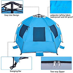ALPHA CAMP Instant Beach Sunshade Pop Up Sun Shelter Tent, UV Protection with 3 Ventilating Windows, Extended Zippered Porch Included