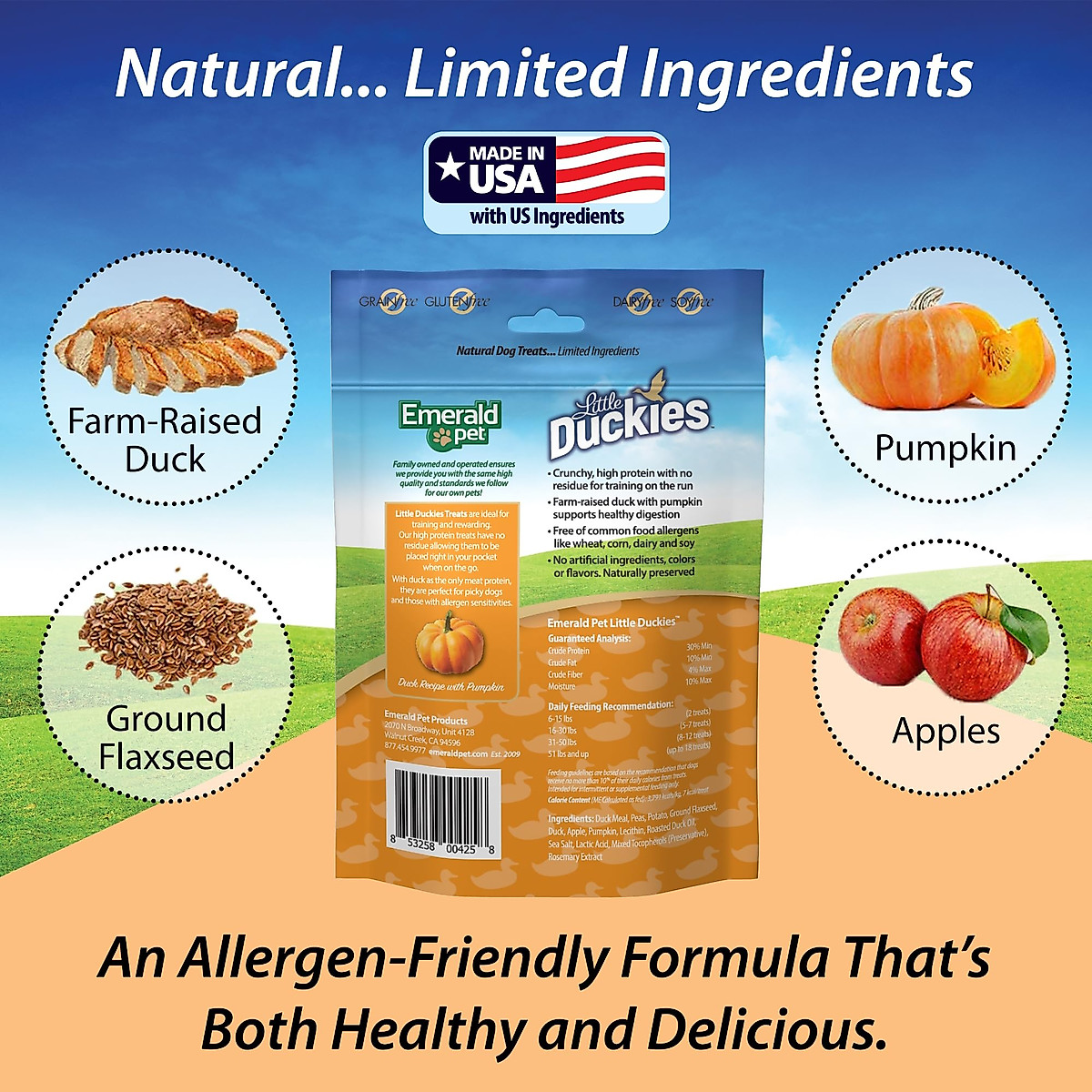 Emerald Pet Little Duckies Duck Dog Treats — Crunchy and Tasty Natural Dog Treats Made with Protein-Rich Roasted Duck Meat — Healthy, Grain Free Dog Treats Made in The USA — Pumpkin, 5 oz