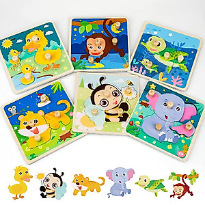 Toy Life Wooden Puzzles for Toddlers 1-3, 6 Animals Toddler Puzzles 1-3, Puzzles for Toddlers 2-4, Wood Puzzles Montessori Toys for 1 2 Year Old, Baby Puzzles 12-18, Kids Learning Toy Xmas Gifts