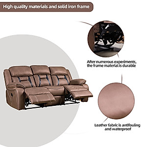 EBELLO Leather Manual Reclining Sofa, 3 Seat Recliner Sofa with Overstuffed Armrest and Headrest, Couch for Living Room, Bedroom Furniture, Meeting Room, Brown (3 Seat Sofa)