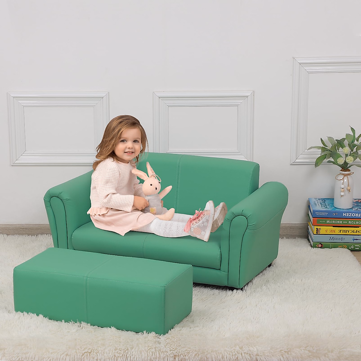 Getifun Kids Sofa Chair with Ottoman/Double Seat with Stool/PVC Leather Toddler Couch with Plastic Legs/Upholstered Children Armchair for Kids Under 4 Years Old (Cyan, Double)