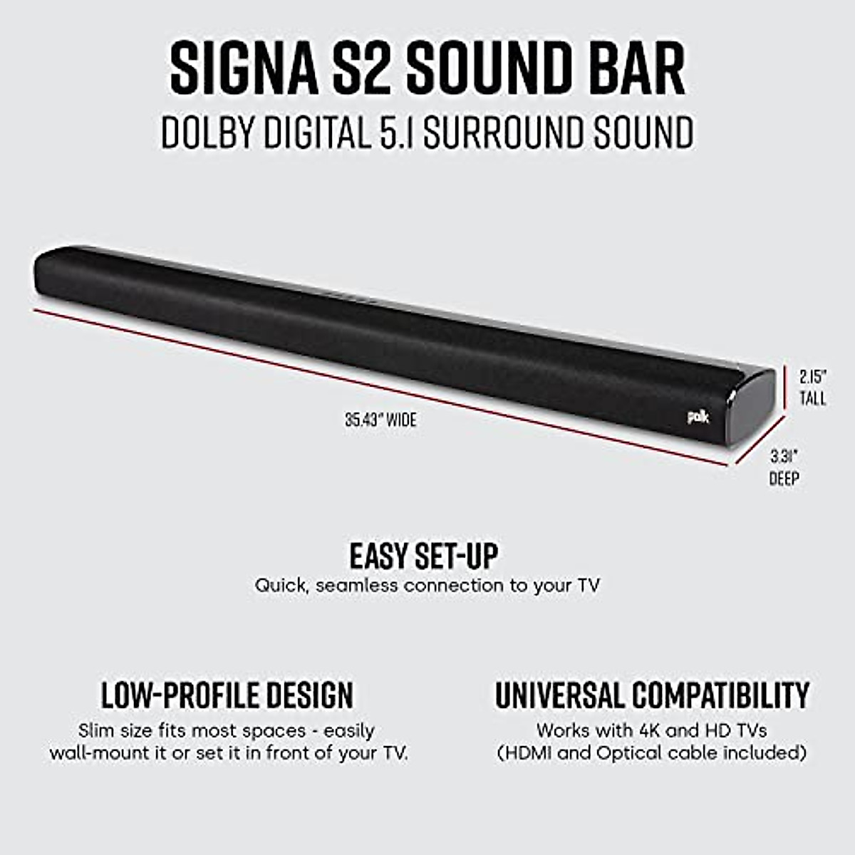 Polk Audio Signa S2 Ultra-Slim TV Sound Bar | Works with 4K & HD TVs | Wireless Subwoofer | Includes HDMI & Optical Cables | Bluetooth Enabled, Black