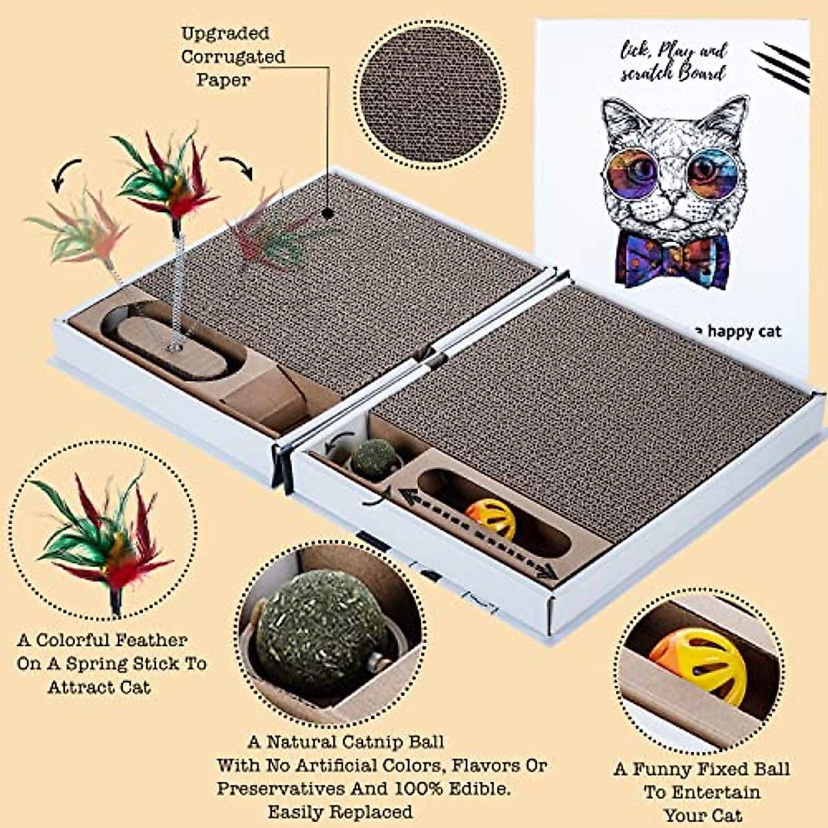 All-in-One Cat Scratcher Pad and Play Area, Foldable & Easy to Store Book-Shaped Cardboard with 2 Reversible & Replaceable PCs Dense Scratch Pad Cat/Kitten,with Cat Ball/Cat Feather Toy & Catnip Ball