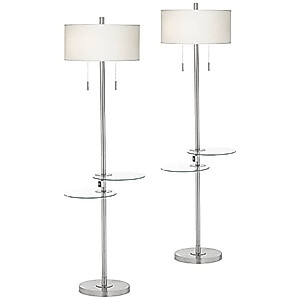 Possini Euro Design Concierge Modern Floor Lamps 63" Tall Set of 2 with Double Tray Table USB Charging Port Brushed Nickel Drum Shades Decor for Living Room Reading House Bedroom Home
