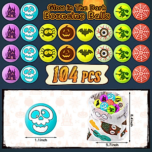 104 Pcs Glow in The Dark Halloween Bouncy Balls , 8 Halloween Designs Eyeballs Toys for Halloween Party Favor Supplies, Trick or Treating Goodie, Classroom Rewards Prizes Game for Kids- With Pouch Bag