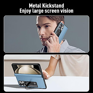 LEIAU for Samsung Galaxy Fold 5 Case: Luxury Genuine Leather case with Full Cover Hinge Protection & Screen Protector & Kickstand - Shockproof Protective Phone Case for Galaxy Z Fold 5 5G Blue