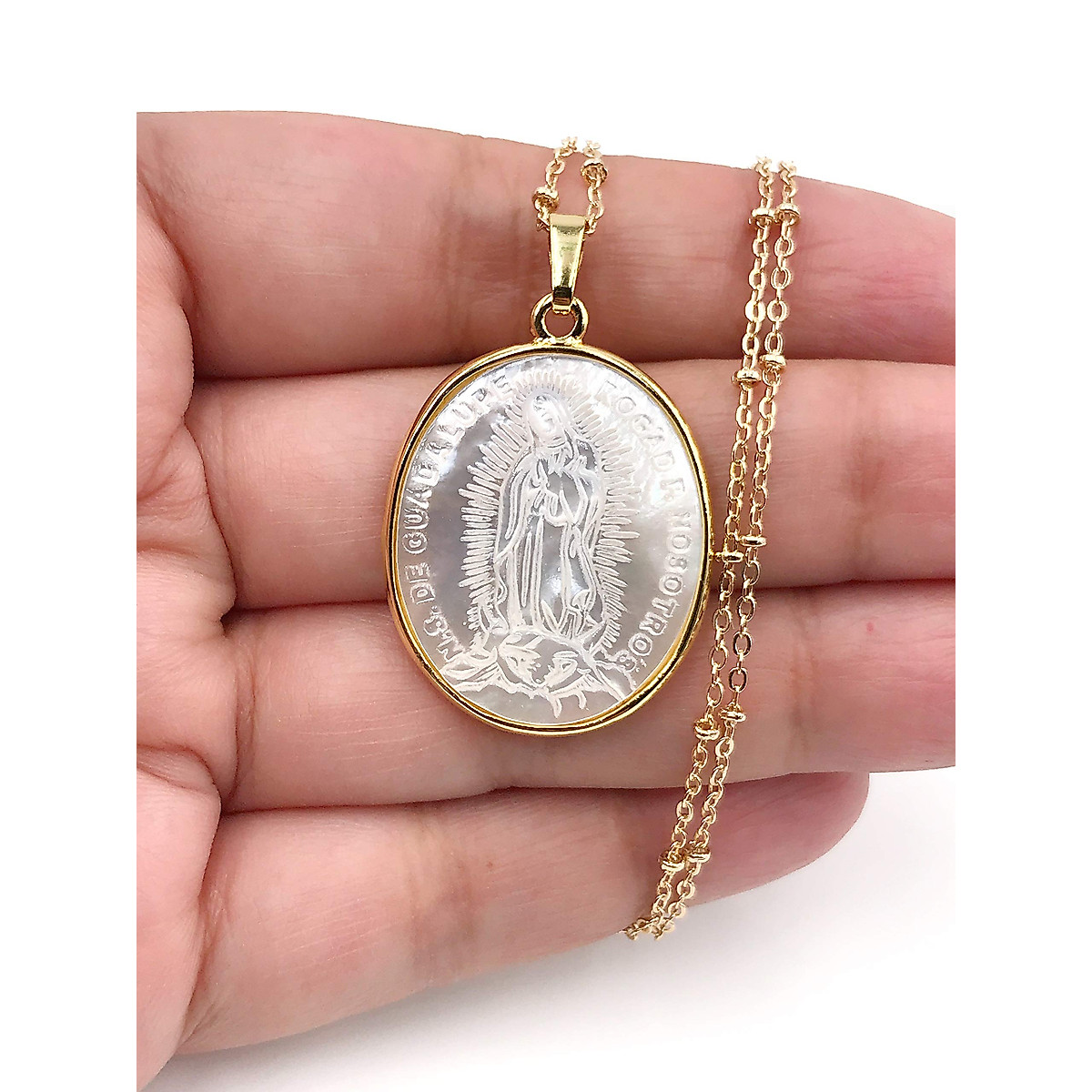 LESLIE BOULES Mother of Pearl Guadalupe Medal Pendant Necklace for Women 18K Gold Plated Chain