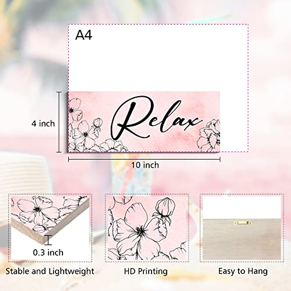 Creoate Pink Bathroom Wall Decor 4 Pieces Relax Soak Unwind Breathe Minimalist Bathroom Signs Floral Print Wooden Hanging Wall Decor for Women Small Farmhouse Home Bathroom