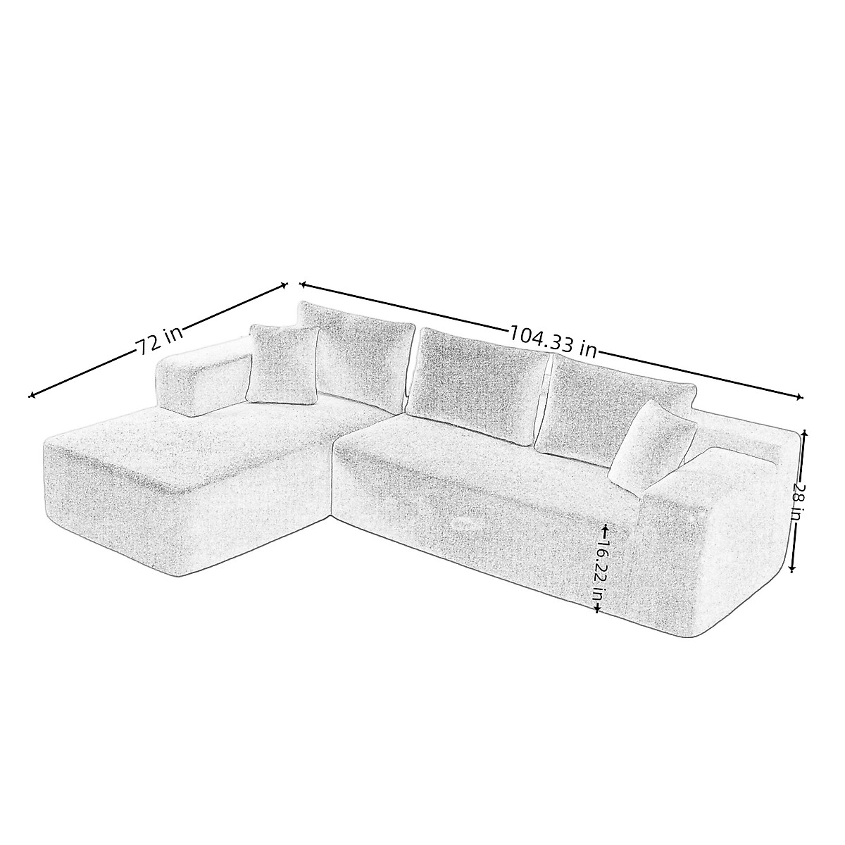 ChicFurnit Sectional Couch, Sofa with 3 Back Pillows & 2 Throw Pillows, L Shaped Polyester Upholstered 104.33" Square Arms Sofa for Apartments, Living Rooms, Beige