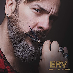 BRV MEN Professional Mustache & Beard Trimming Scissors - 5.5" | High Carbon Stainless Steel & Hammer Forged Mustache Scissors | Razor Sharp Facial Hair Trimming Shears (RIGHT HANDED - Black)