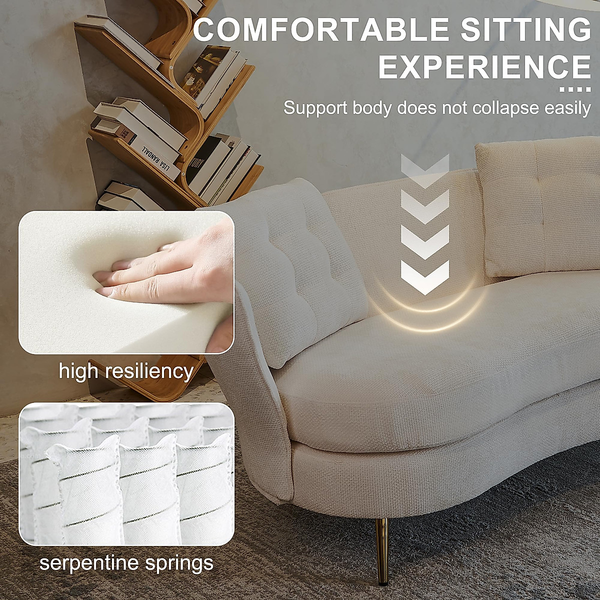 RENDGO Velvet Loveseat Sofa, 64.2'' Mid Modern Small Love Seats with 2 Pillows & Golden Legs Comfy Couch for Living Room, Upholstered 2 Seater Sofa for Small Apartment (White)