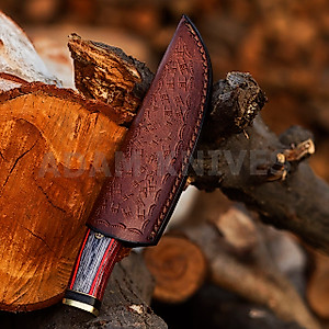 ADAM KNIVES Handmade Damascus Steel Hunting Knife | Skinning Knife | Skinner Knife | 102 Woodsman Fixed Blade Hunting Knife With Leather Sheath | Unique Gift (Red & Black)