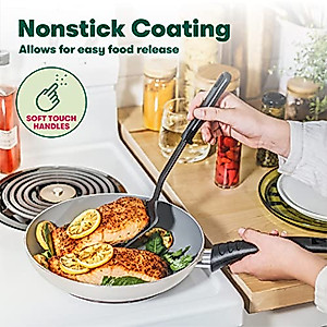 BELLA Cookware Set, 12 Piece Pots and Pans with Utensils, Nonstick Scratch Resistant Cooking Surface Compatible with All Stoves, Nylon and Aluminum, Cream