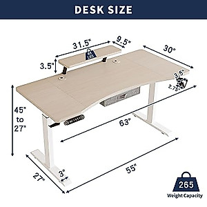 HEONAM Dual Motor Standing Desk with Drawer, 63x30 Inch Electric Height Adjustable Stand Up Desk with Storage Shelf, Home Office Desk Computer Workstation with White Pearwood Top/White Frame