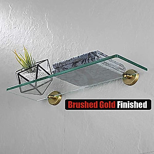 JQK Bathroom Glass Shelf Gold, Tempered Glass Shower Storage 16 by 5 inches, 304 Stainless Steel Brushed Gold Wall Mount, TGS101-BG