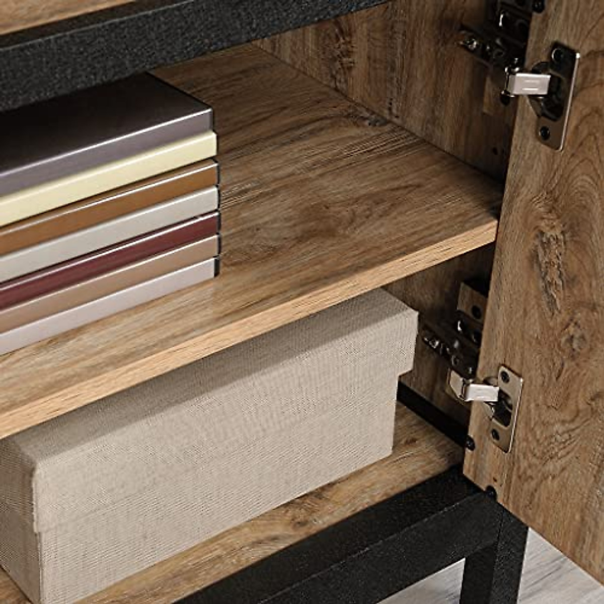 Sauder Steel River TV Stand with Doors, L: 60.24" x W: 19.09" x H: 29.72", Milled Mesquite Finish