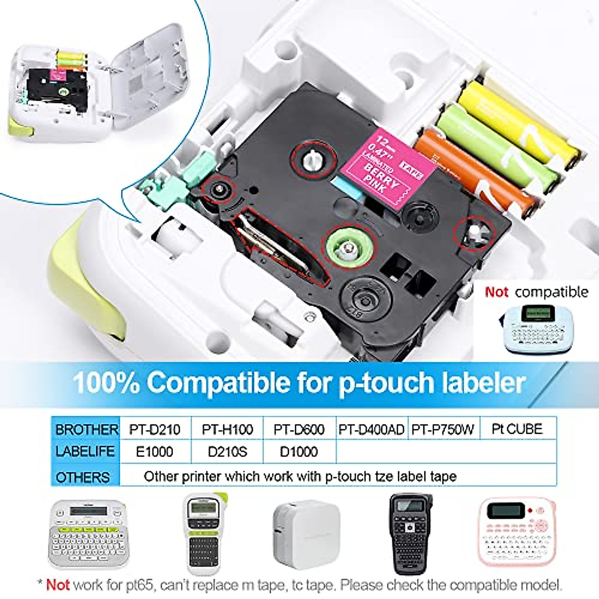 Label KINGDOM Compatible Label Tape Replacement for Brother P Touch TZe TZ Tape 12mm 0.47 Inch Laminated (White on Black,Blue,Turquoise Blue,Berry Pink,Lime Green) for Brother PTD210 PTH110 PTD400