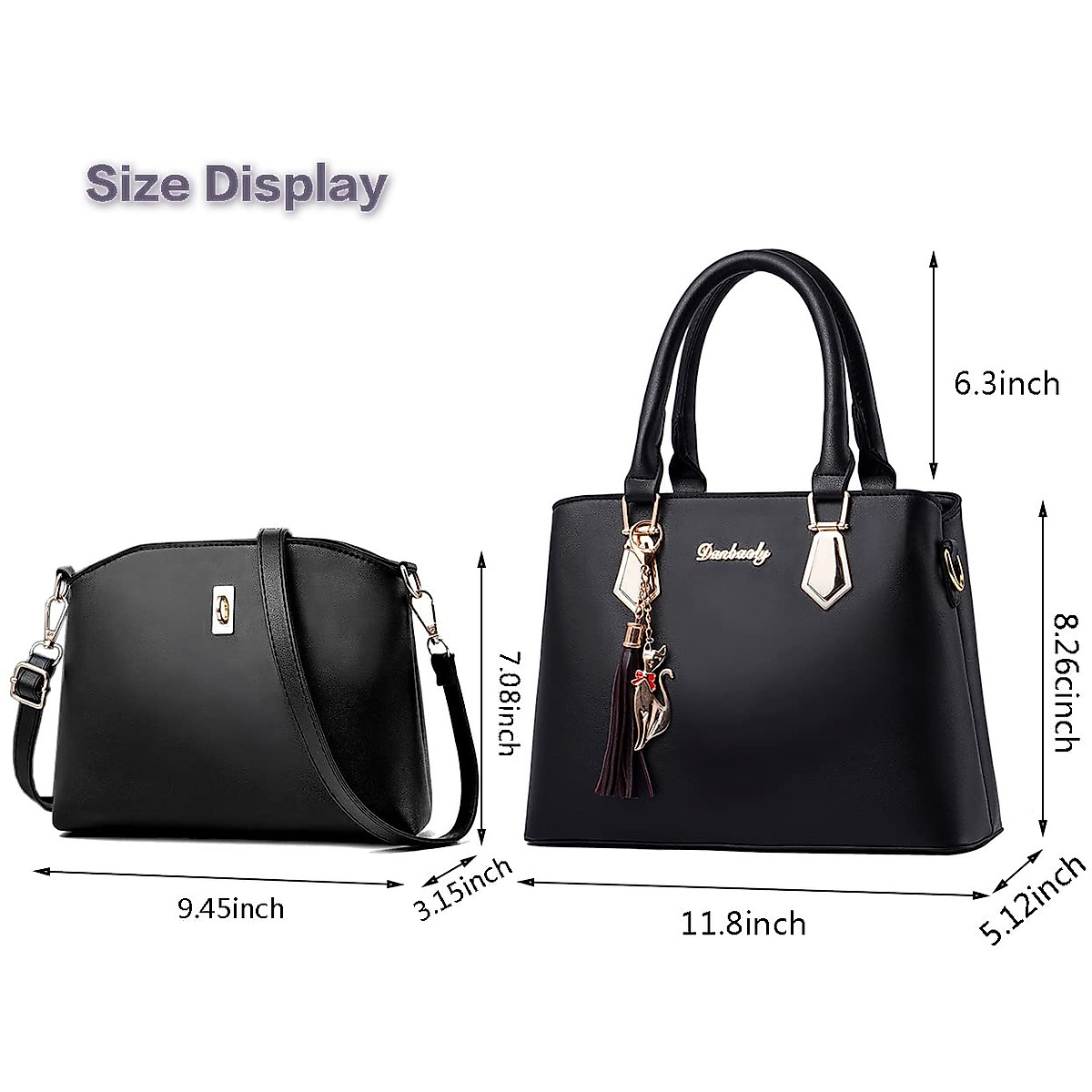 Chikencall Women Top-Handle Purses Leather 2pcs Set Totes Handbag Satchel Shoulder Bag for Ladies with tassel and cat pendant