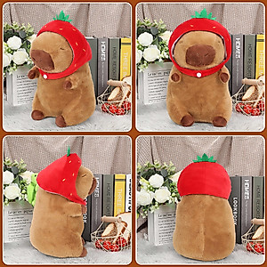 Cute Capybara Plush Wearing Strawberry Hat, 12 INCH Capybara Stuffed Toy Animals Plushies, Soft Capybara Doll Pillow for Kids Boys Girls Birthday Gifts