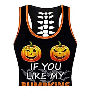 Balaflyie Women 2 Piece Halloween Clothes If You Like My Pumpkins You Should See My Pie Tank Top + Funny Shorts Sportwear Tracksuits (Orange,Medium)