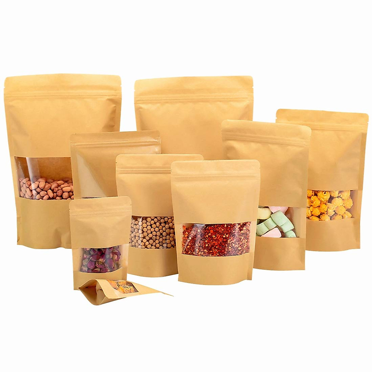 Kraft Heat Sealable Stand Up food Pouches Paper Mylar Bags With Window And Zip Lock,Heavy Duty Decorative Resealable Recycled For DIY Homemade Chips Favor Candy Cookies Christmas (50pcs 7x10+4inch)