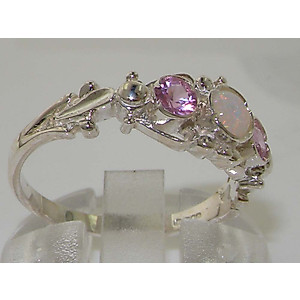 LetsBuyGold 925 Sterling Silver Natural Opal and Pink Tourmaline Vintage Anniversary Ring - Size 5.25