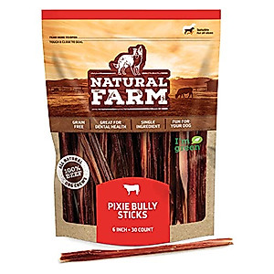 Natural Farm Bully Sticks (6 Inch, 30 Pack), Thin Pizzle Pixie Beef Treats, Grain-Free, High Protein, Best Rawhide Alternative for Small, Puppies or Senior Dogs