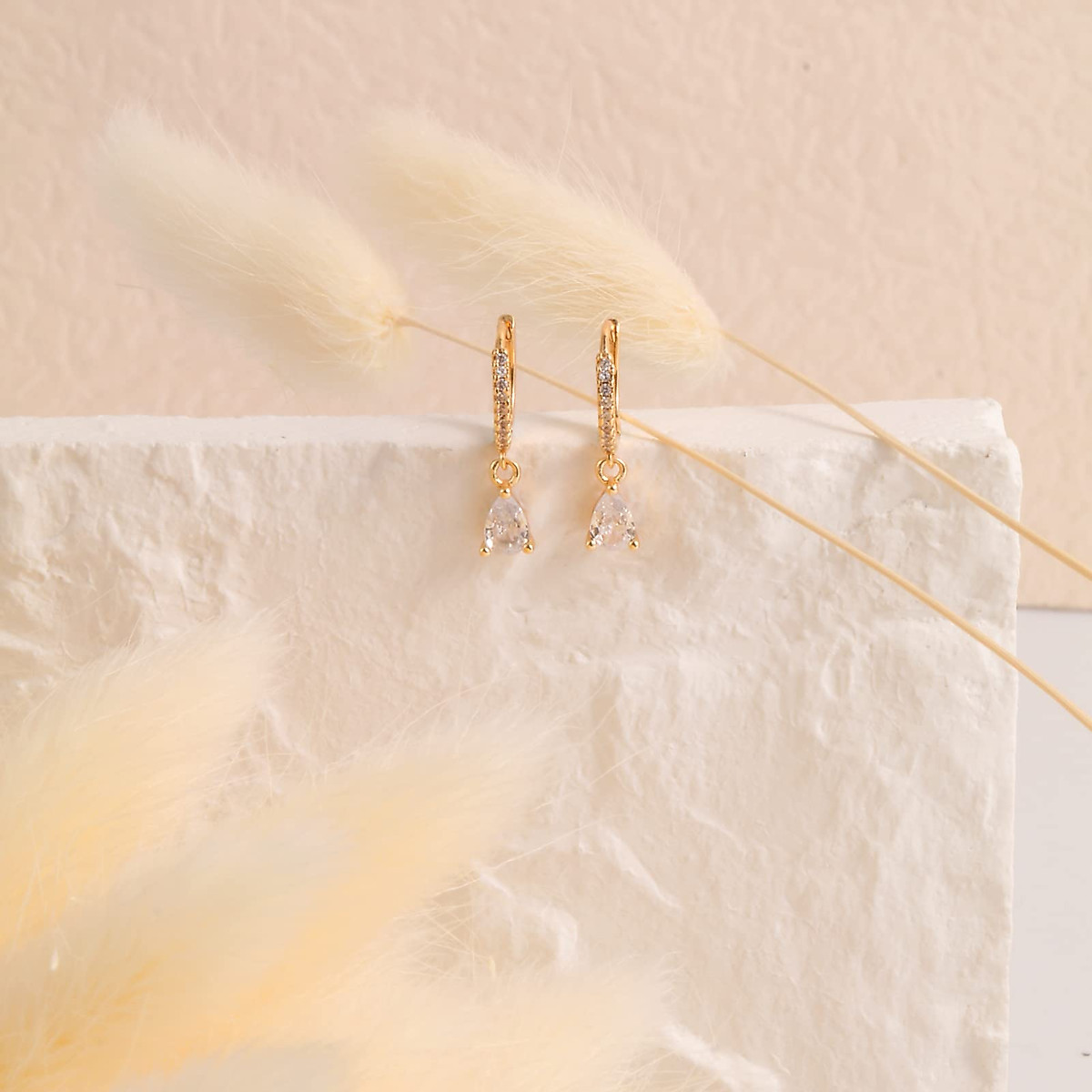 8YEARS 18K Gold Plated Dangle Hoop Earrings for Women, Gold CZ Paved Huggie Hoop Earrings, Gold Dangle Drop Huggie Earrings With Star Moon Teardrop Evil Eye Lightning Charms (Teardrop)