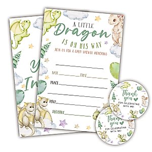 20 Baby Shower Invitations & Thank You Stickers - A Little Dragon Is On His Way, Adorable Dragon Invites, Envelopes & Adhesive Round Stickers, Gender Reveal, Baby Announcement Party Favor (A02)