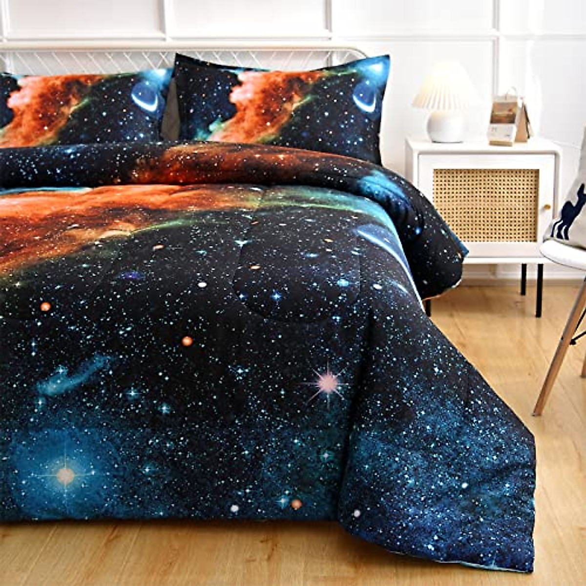 A Nice Night Black and Blue Galaxy Bedding Sets 3D Printed Cloud Quilt Comforter Sets with 2 Bedroom Pillow Covers Twin Size