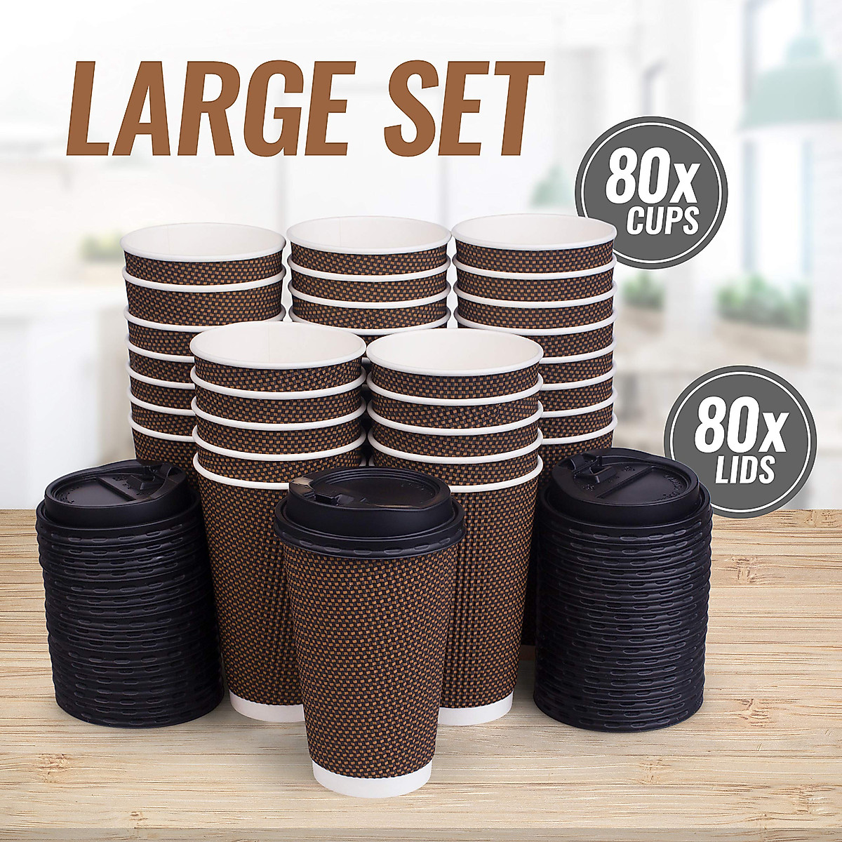 Promora Brown Disposable Coffee Cups With Lids 16 oz, Premium Insulated Paper Ripple Cups for Hot Coffee, Paper Cups 16 oz Coffee Cups 16 oz, Hot Cups With Lids 16 oz, Paper Coffee Cups (80 Pack)