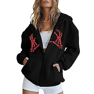 JINTING Skeleton Heart Hand Zip Up Hoodie Sweatshirt Women Vintage Jacket Halloween Oversized Top Jackets Pullover Black