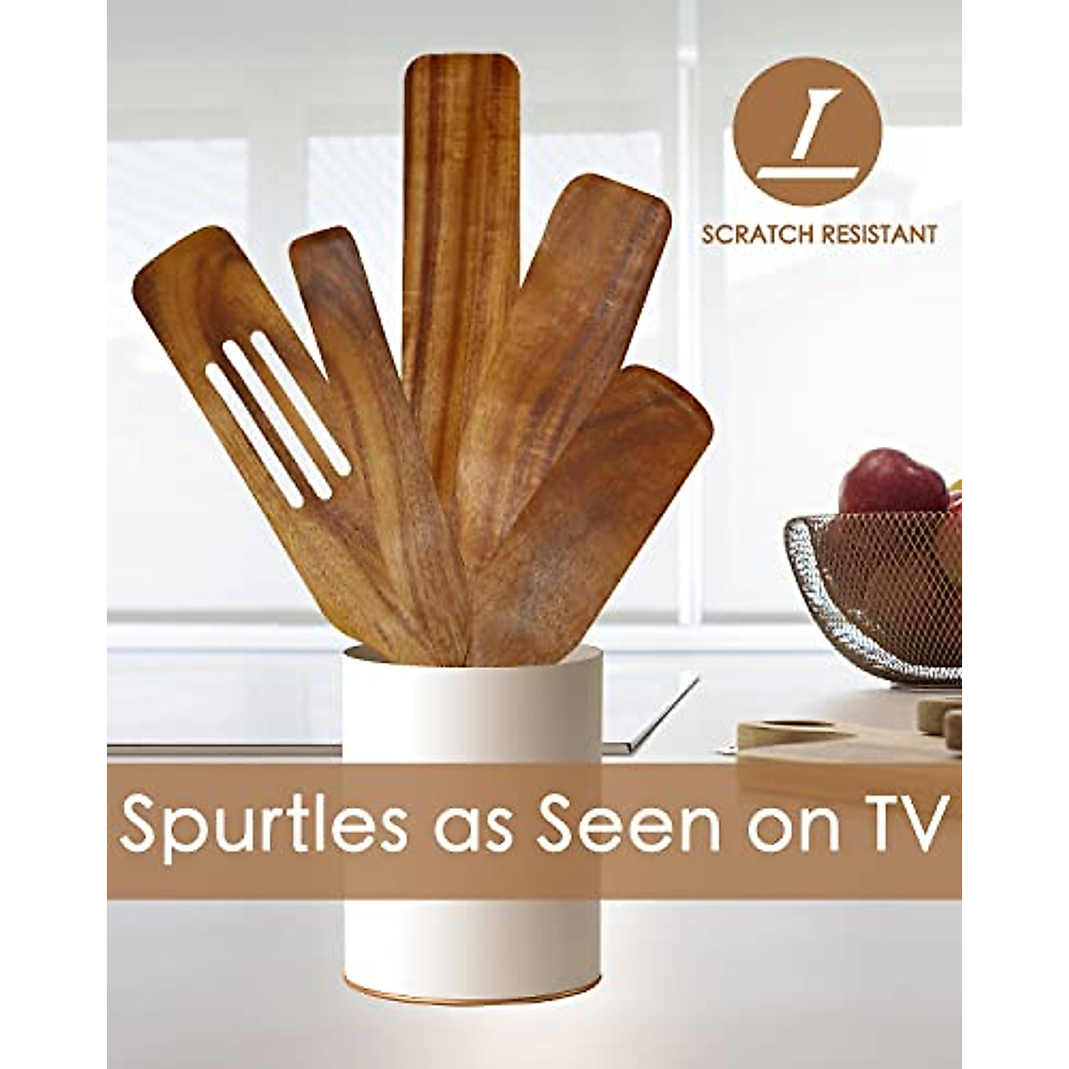 EVERQUEIN Spurtles Kitchen Tools Wooden 5pcs Cooking Utensils Set As Seen on Tv, Natural Premium Acacia Wood Spatula Slotted Spoon, Friendly for Non-Stick Cookware, Serving (Wood)