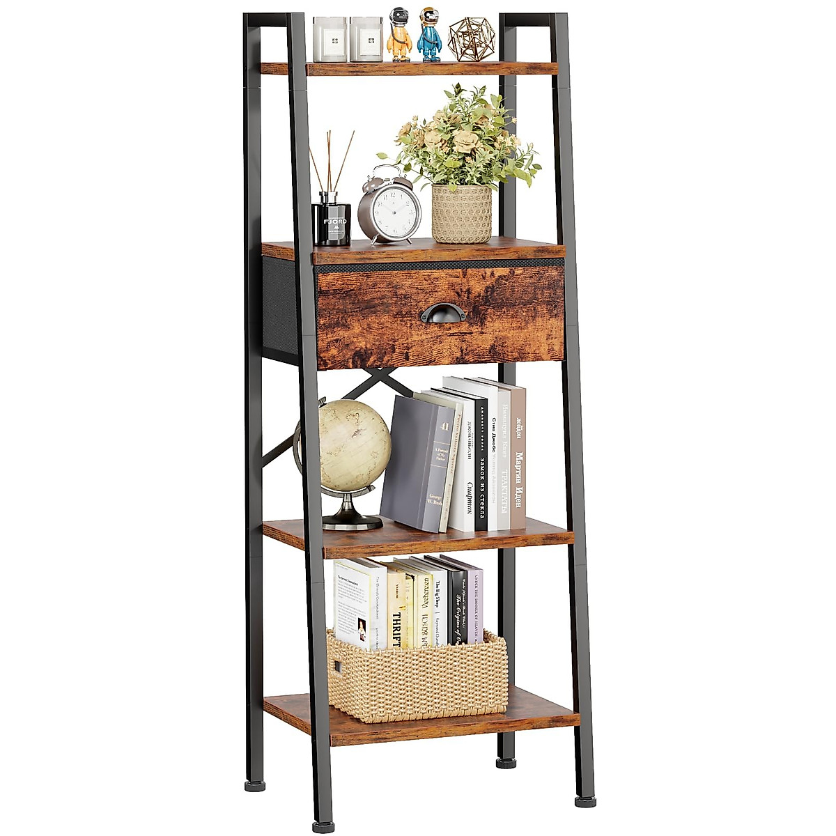 Furologee 4 Tier Ladder Shelf, Narrow Ladder Book Shelf with Drawer, Modern Bookcase Freestanding Shelf Units, Storage Shelves Organizer for Bedroom, Living Room, Bathroom, Home Office, Rustic Brown