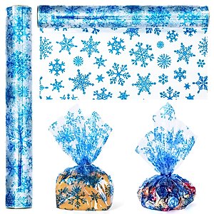 Whaline Christmas Cellophane Wrap Roll Snowflake Clear Wrapping Paper Xmas Winter Holiday Plastic Gift Basket Wrap for Christmas Birthday Wedding DIY Crafts Party Supplies